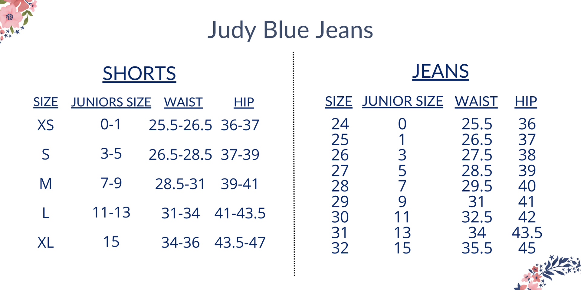 Judy Blue Size Guide – American Blues