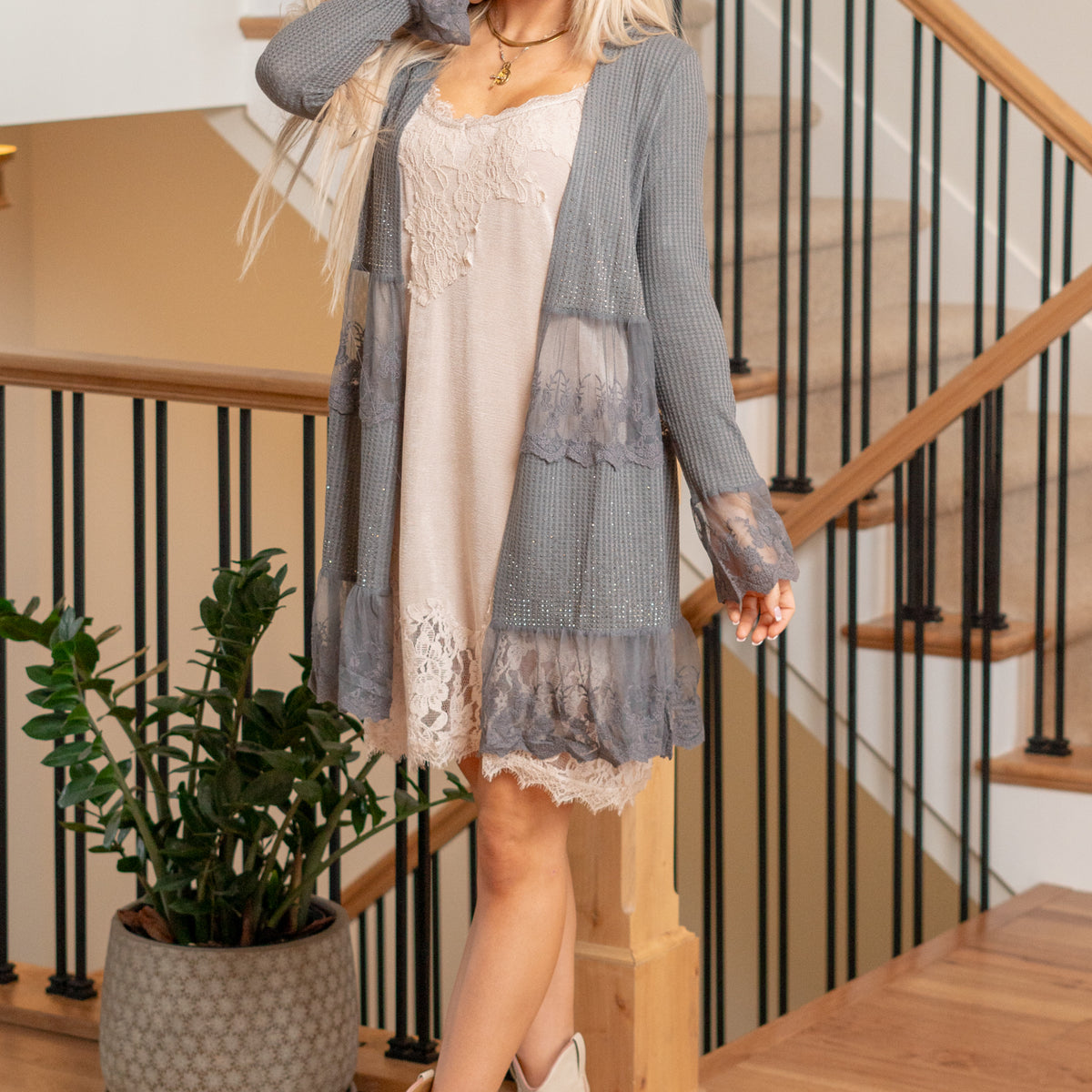 Vocal Lace & Stone Edge Open Cardigan Charcoal – American Blues