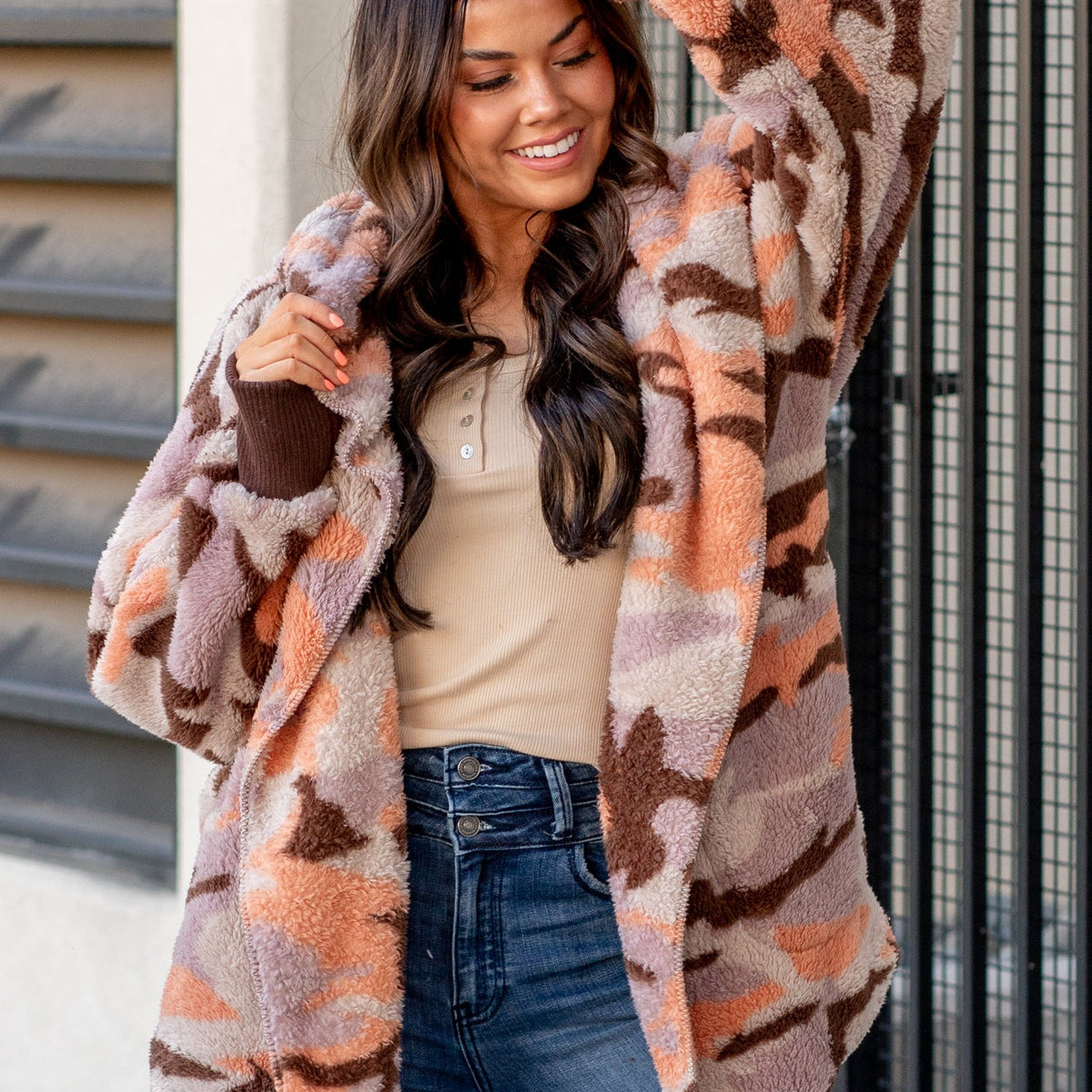 Hem & Thread | Camouflage Sherpa Zipper Jacket 8433F-Apricot – American ...