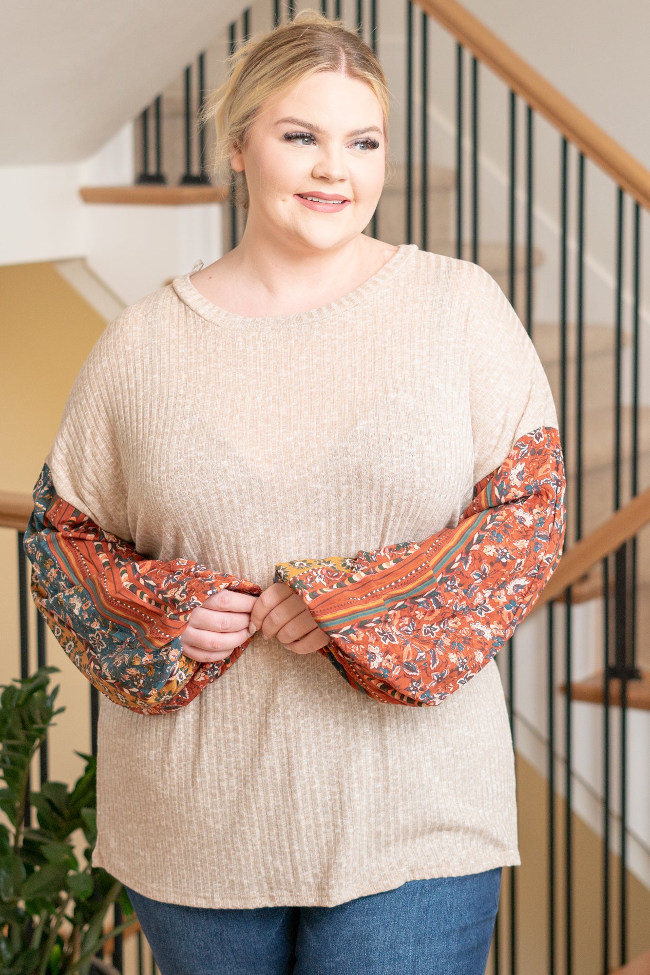 American Blues Plus Size Bubble Long Sleeve Top Taupe