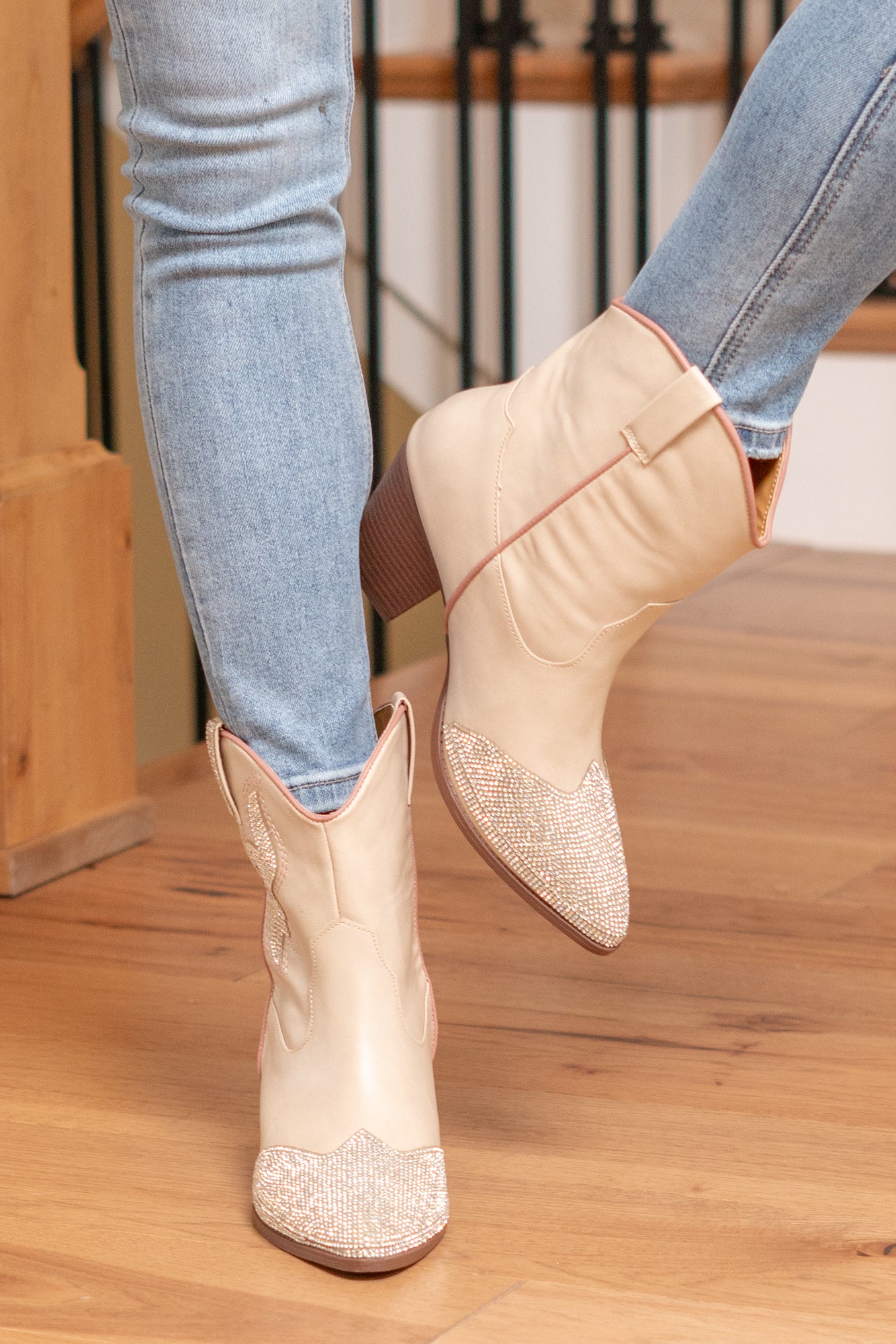 Qupid Shoes Zane Embellished Western Bootie Stone – American Blues