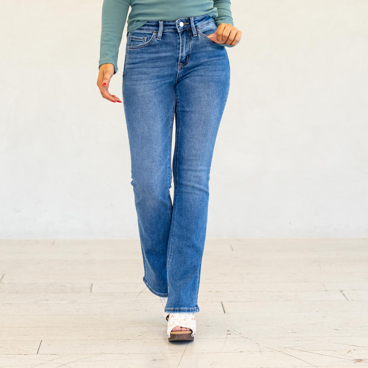 Lovervet by VERVET | Radiant High Rise Bootcut Jeans Medium Blue Wash ...
