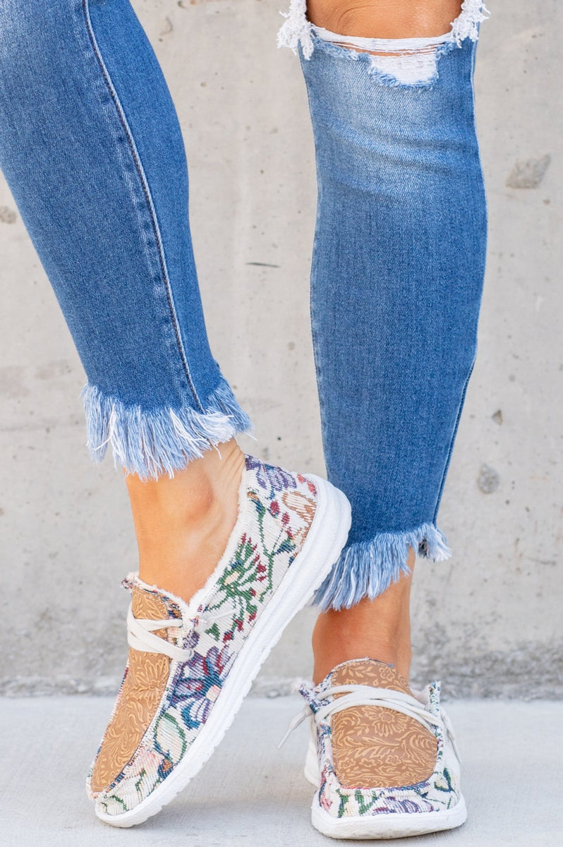 Gypsy Jazz Shoes | Macy Floral Embossed Boat Shoe Sneakers - GJSP0266-Cream – American Blues