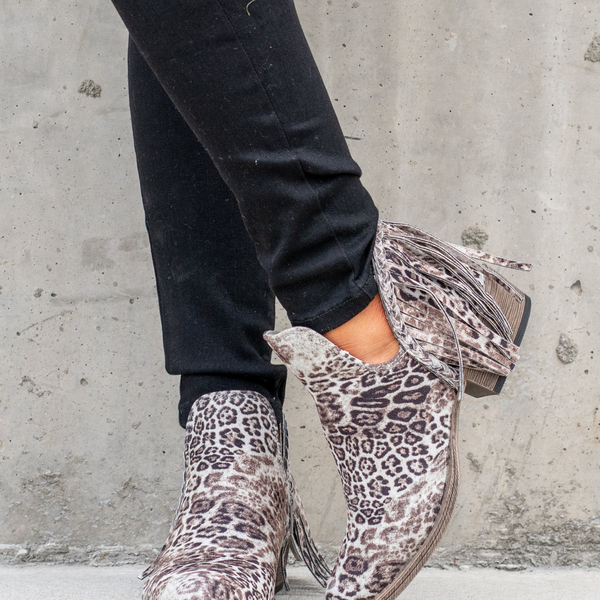 Very G Shoes | Jolie Leopard Print Fringe Booties White & Black ...